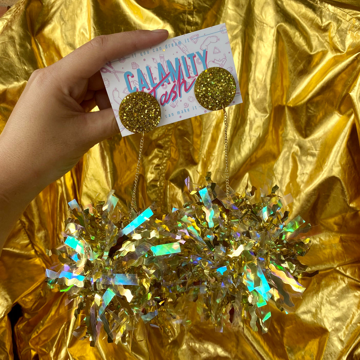 Gold & Iridescent Tinsel Poms – Calamity Tash