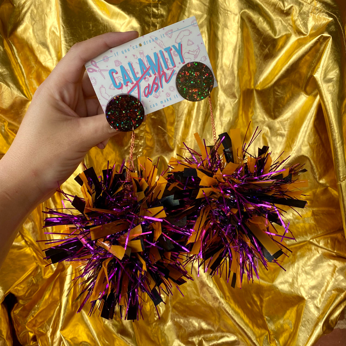 Purple & Orange Tinsel Poms – Calamity Tash