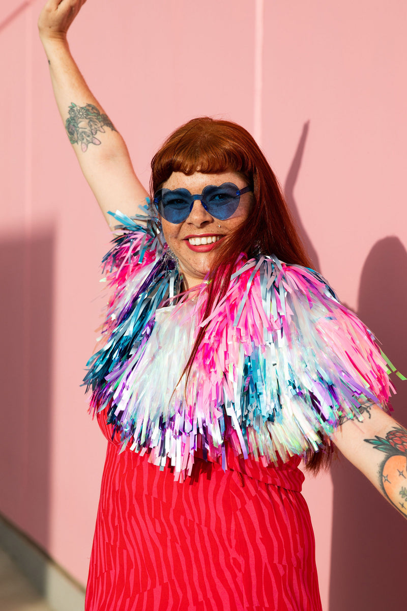 HIRE Sky Bright Tinsel Cape – Calamity Tash