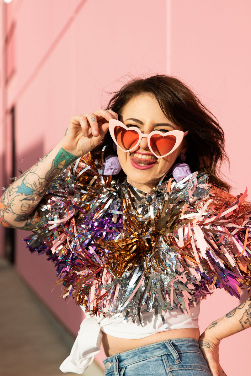 HIRE Fizzy Peach Tinsel Cape – Calamity Tash