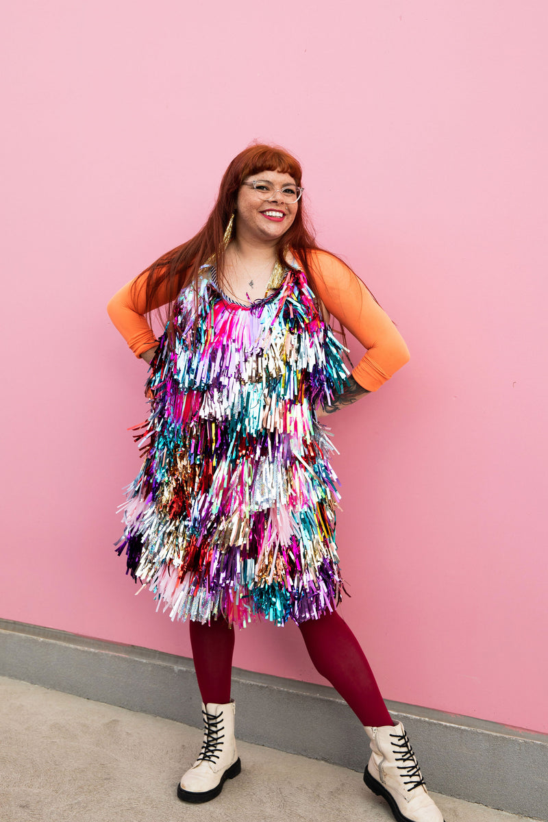 HIRE Rainbow Tinsel Dress – Calamity Tash